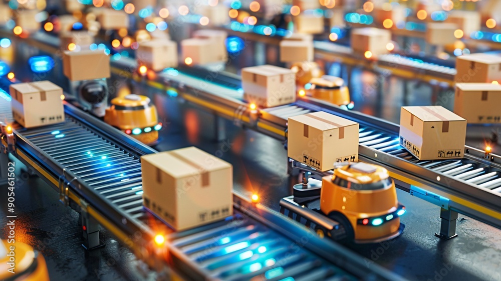 A high-angle view of a sophisticated warehouse automation system with ...