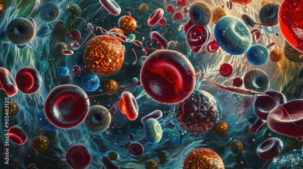 Produce an image of blood tissue, showing the diverse types of cells ...