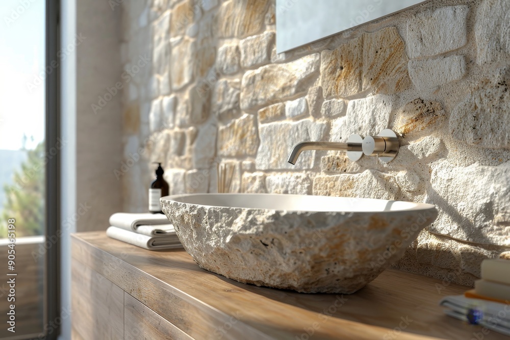Minimalistic bathroom featuring a marble basin with black faucet and ...