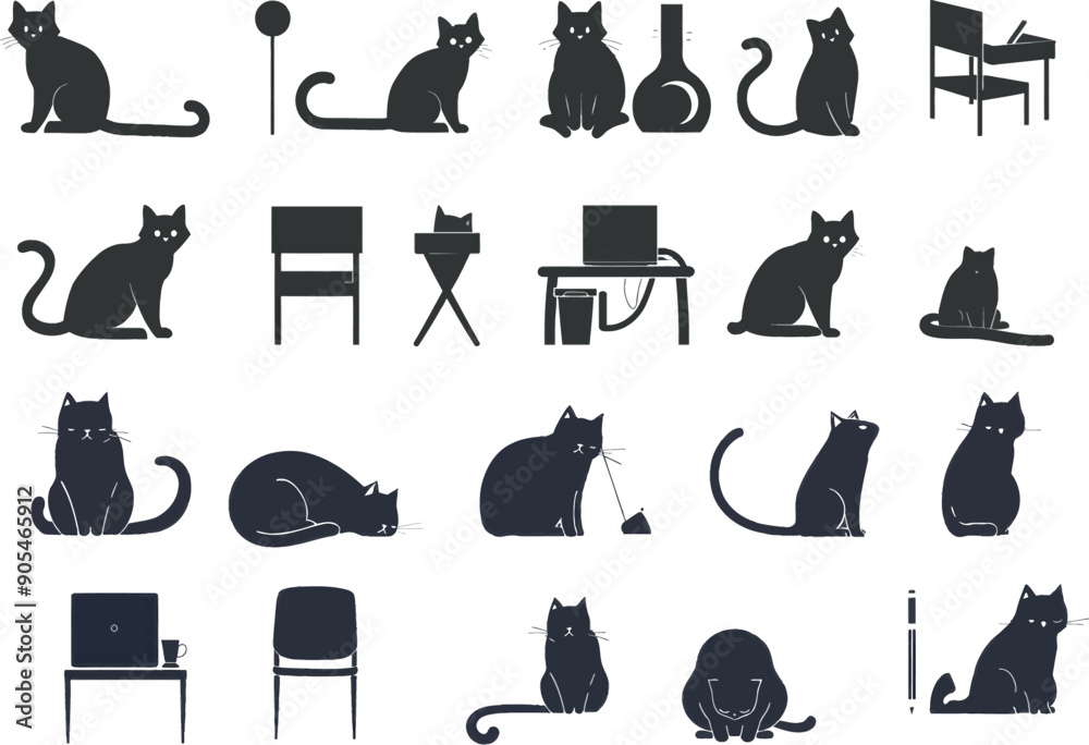 Isolated black cat poses. Cute kitty sitting as well as walking. Funny ...