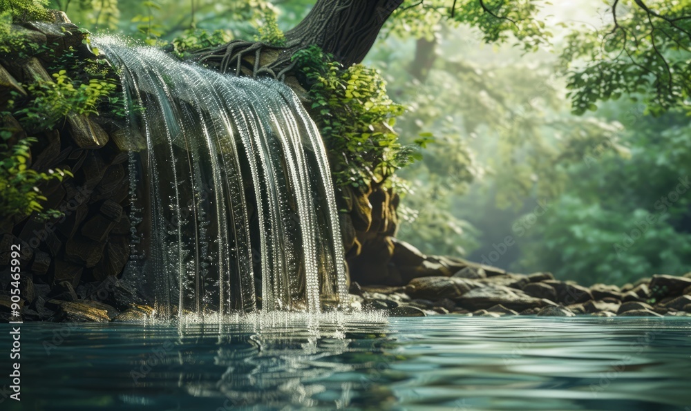 Tree morphing into a waterfall, blending bark with flowing water in a ...