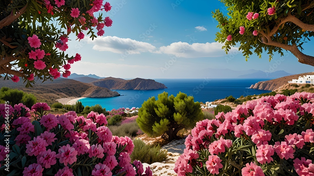 Iconic landscape of mediterranean greek island with blue sky and pink ...