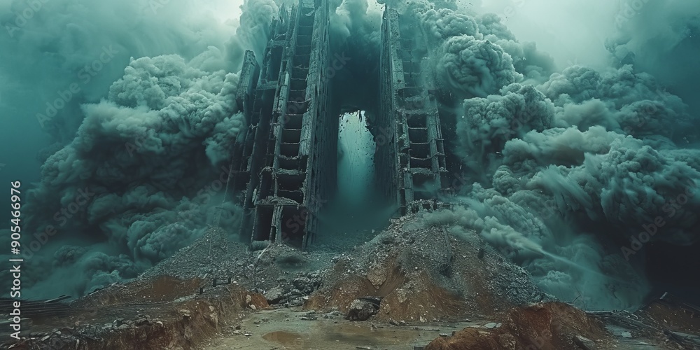 Photo Urban building collapse due to structural failure, showing the ...