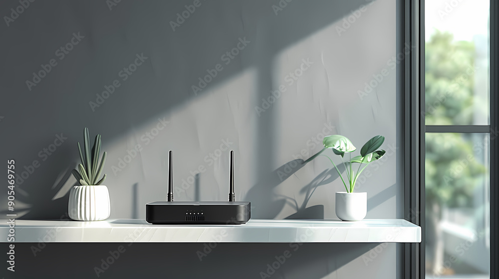 A black router sits on a white shelf in front of a gray wall. There are ...