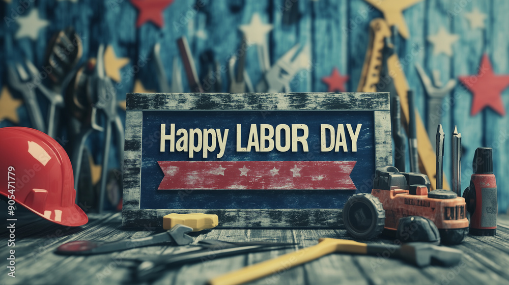 text "Happy LABOR DAY", banner with hard hat, construction helmet and ...