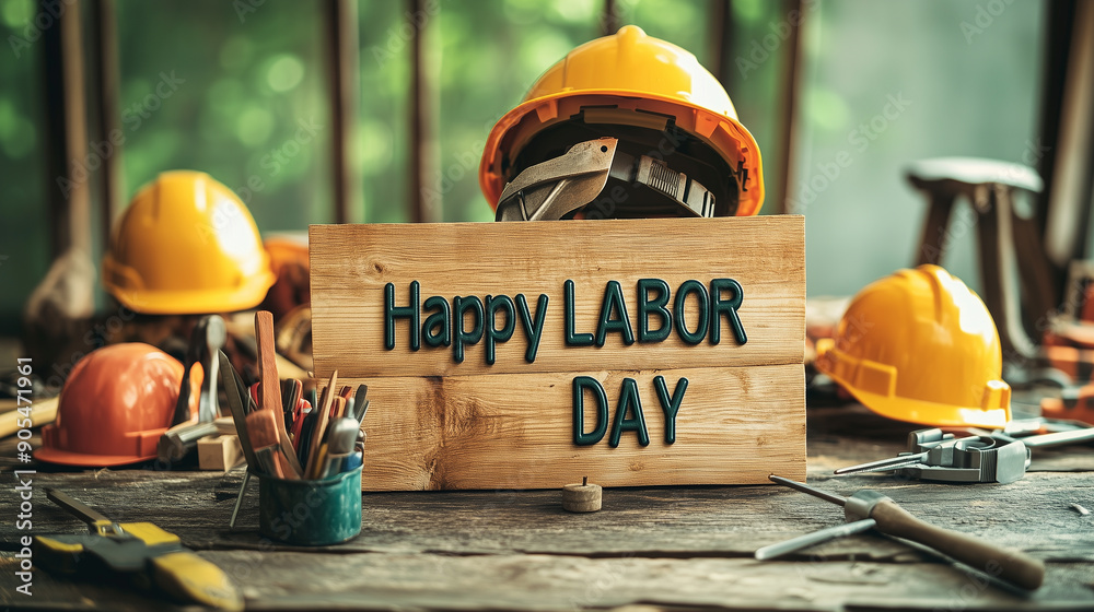 text "Happy LABOR DAY", banner with hard hat, construction helmet and ...