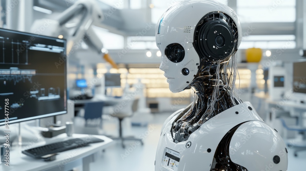 Hyper-realistic render of advanced AI robot, human-like features, lab setting Stock Photo ...