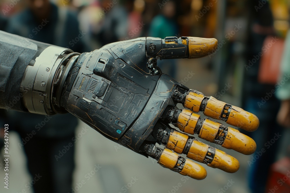 Robot hand offering a firm handshake symbolizing the integration of robots in human interactions ...