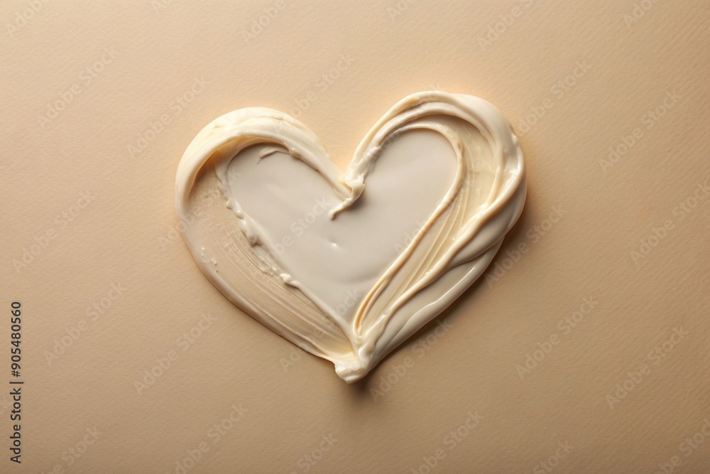 Cream smeared in heart shape on beige background, romance, affection ...