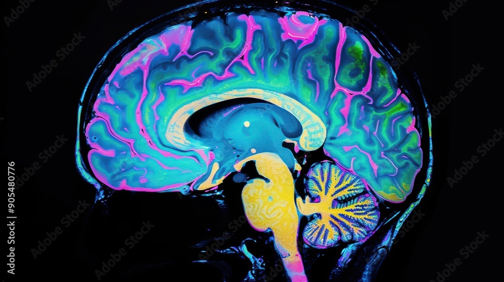 A vivid MRI image showing a cross-sectional view of the brain ...