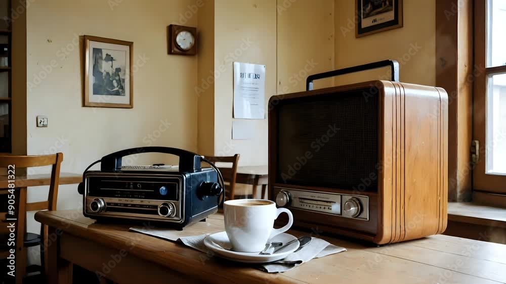 Vintage radios and coffee cup on wooden table in cozy room with natural ...