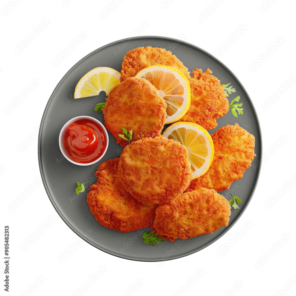 Breaded chicken patties or crispy fish cakes served with ketchup and ...