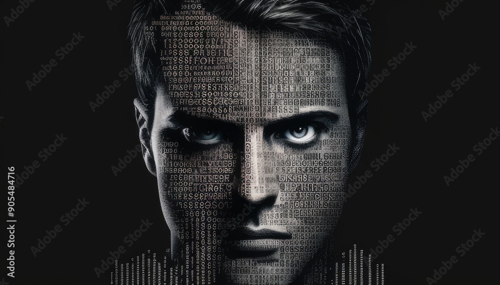 The picture of the human face that has been paint with binary code on ...
