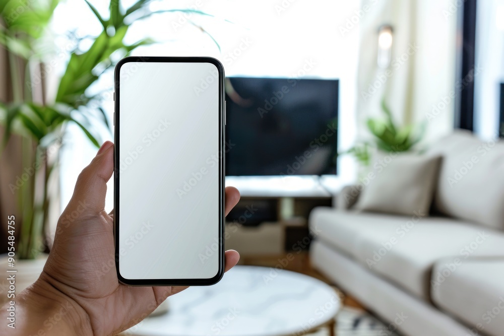 Hand holding smartphone with white screen mockup on background at home ...