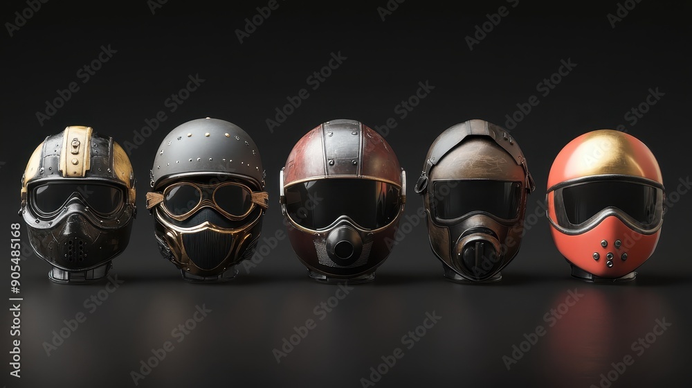 Collection of five vintage motorcycle helmets, each with unique designs ...