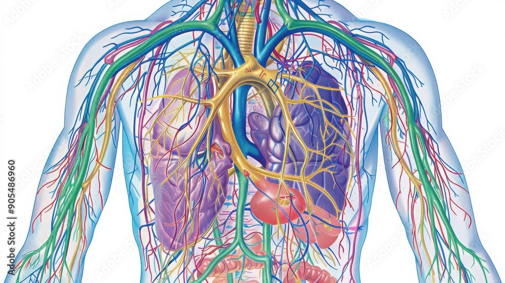 A detailed illustration of the lymphatic vessels and lymph nodes ...