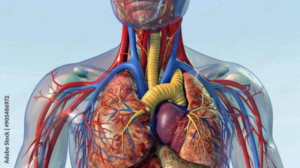 A detailed illustration of the cardiovascular pathways, showing the ...