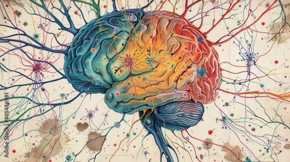 A detailed illustration of the brain's neural networks, showing the ...