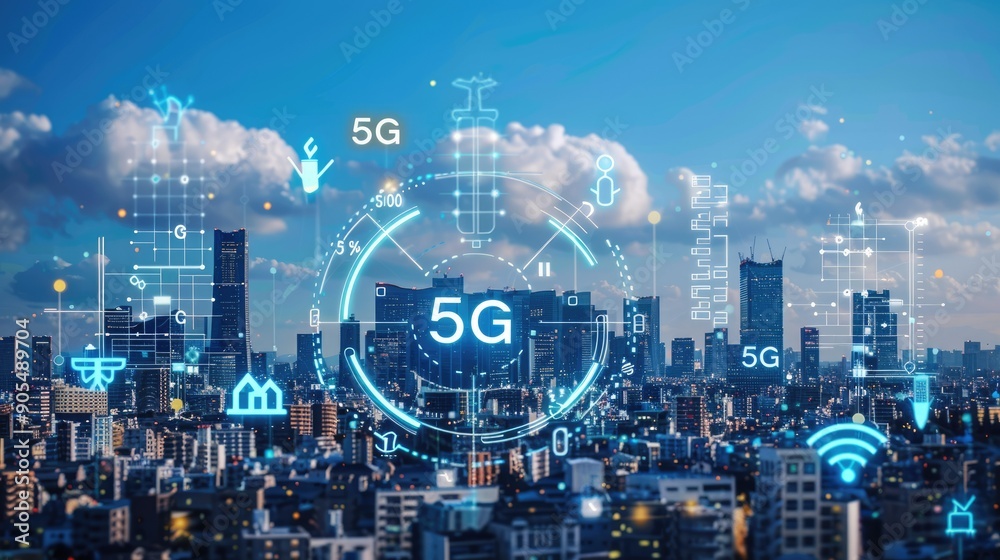 Cityscape with 5G network icons and digital waves, representing the ...