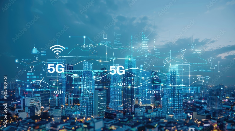 Cityscape with 5G network icons and digital waves, representing the ...