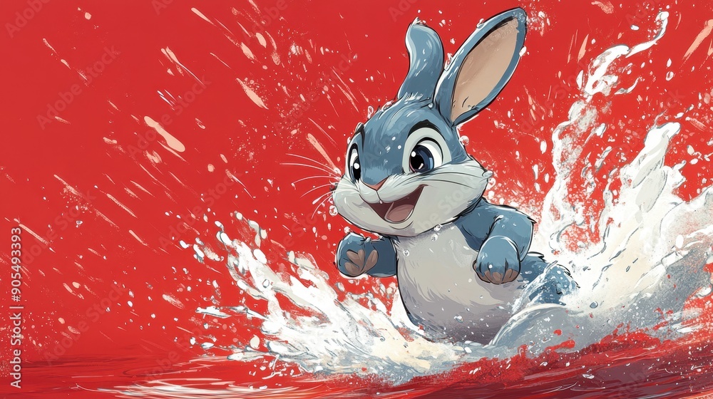 Cartoon illustration of a water rabbit with a red background, full of ...