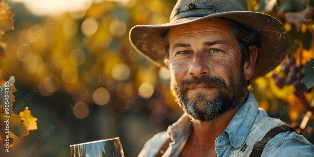 Man Tasting Wine in a Vineyard. Holding a Red Wine Glass in the Grape ...
