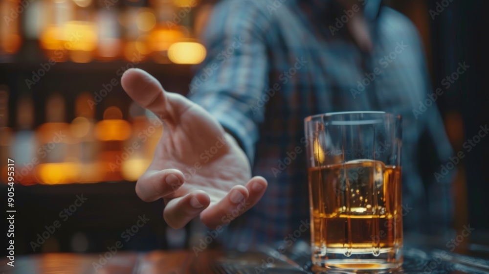 man refuses say no and avoid to drink an alcohol whiskey , stopping ...