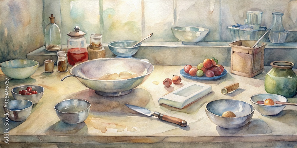 Empty kitchen counter with mixing bowls, utensils, and ingredients laid ...