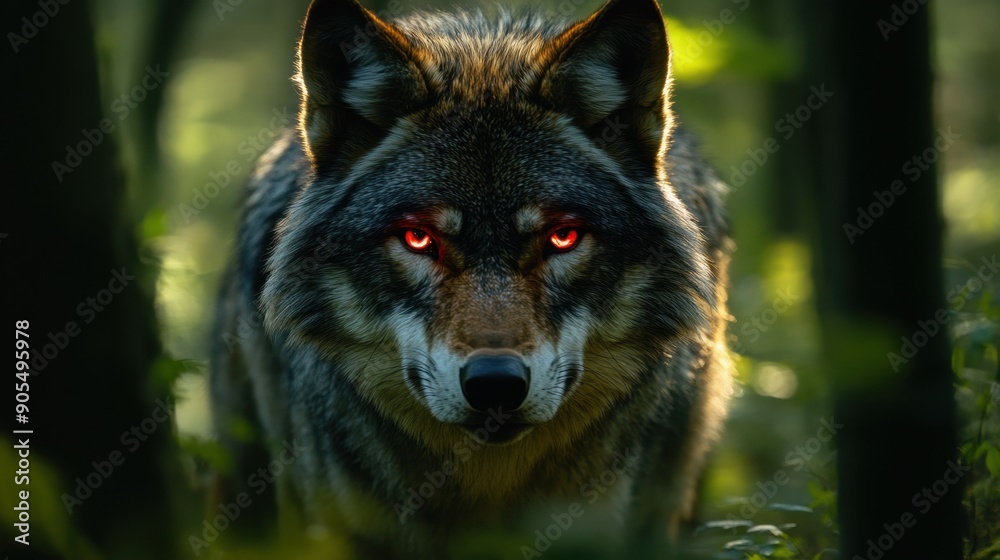 Wolf king face with glowing red eyes stalking the forest, its fur ...