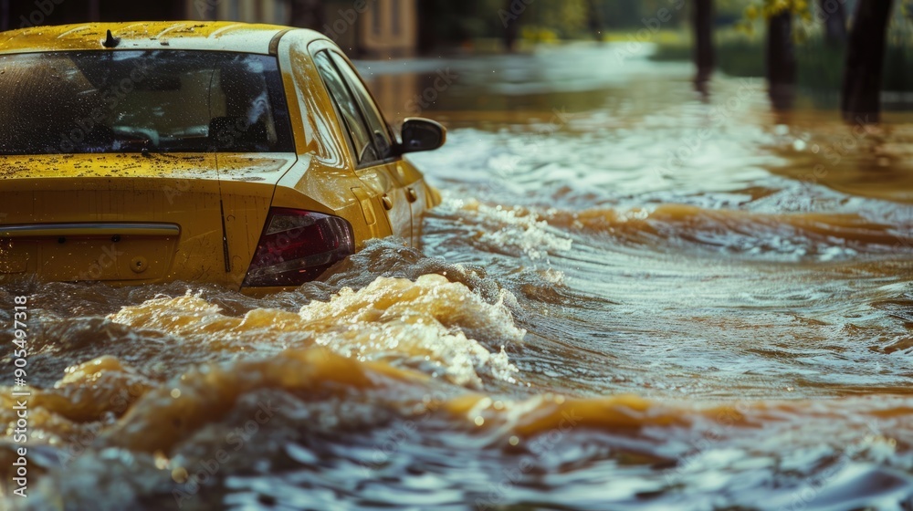 car in the water, flood, fast flow, car stuck in water, only showing ...