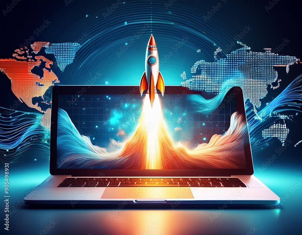 Rocket exiting laptop screen with abstract digital wave and world map ...