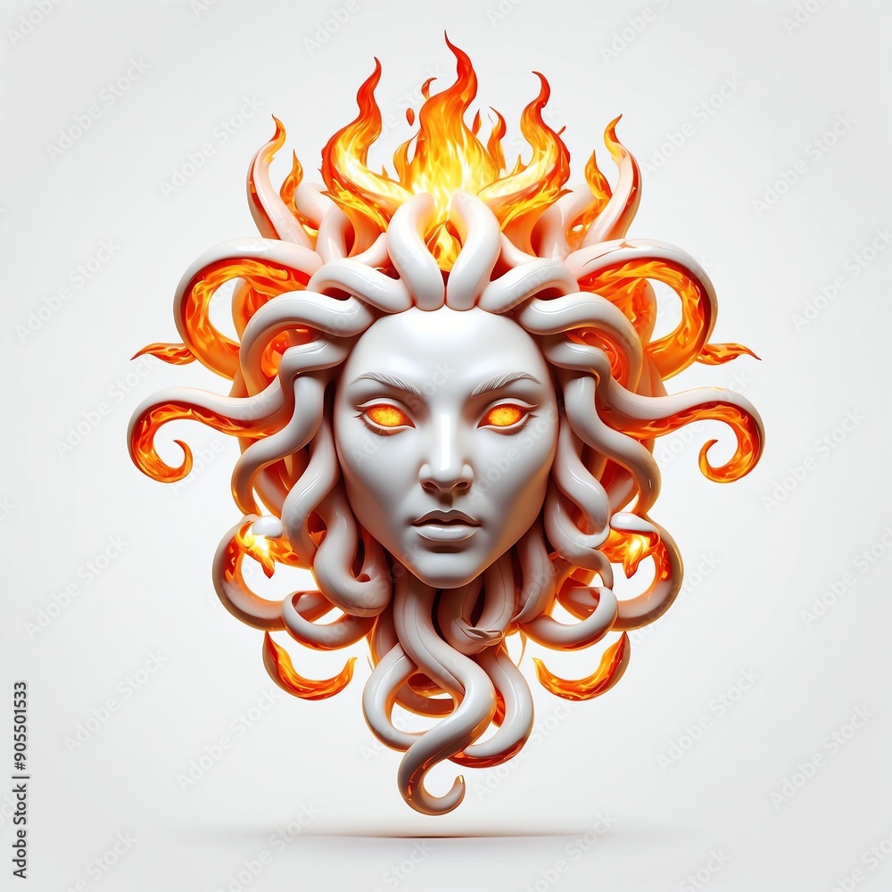 burning flame fire medusa head 3d art logo in plain white background ...
