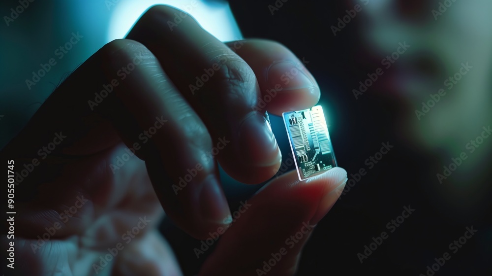 Close-up of a man's hand holding a modern human microchip implant between his fingers in front ...