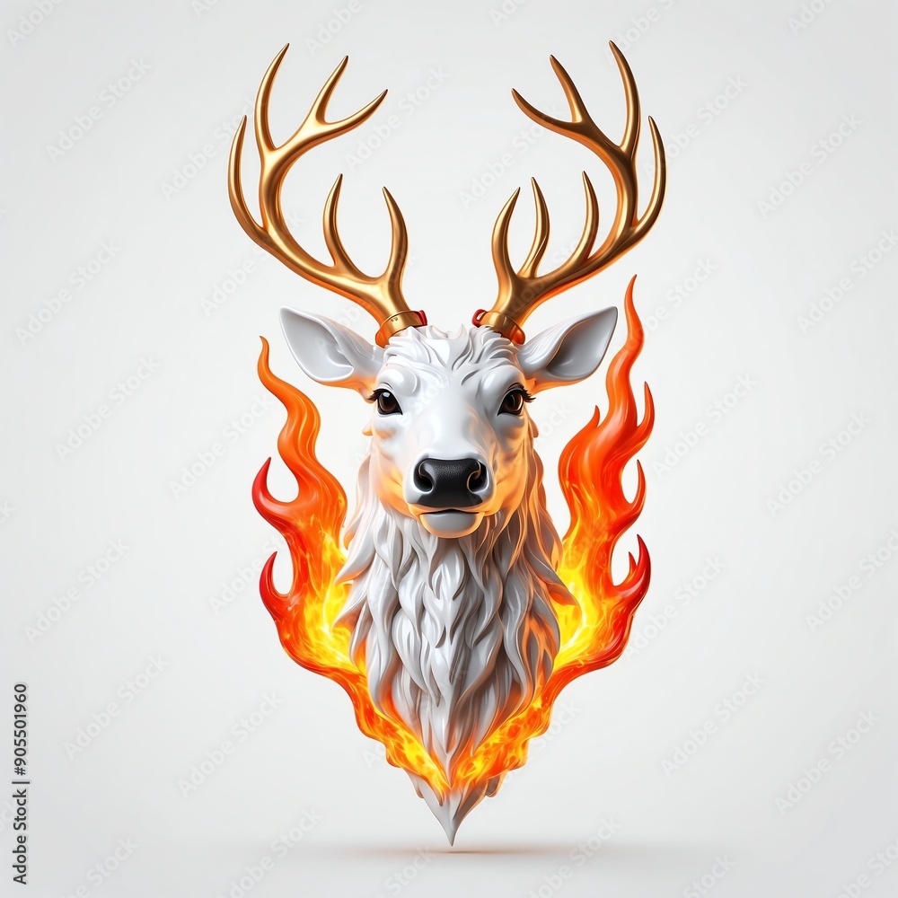 burning flame fire reindeer head 3d art logo in plain white background ...