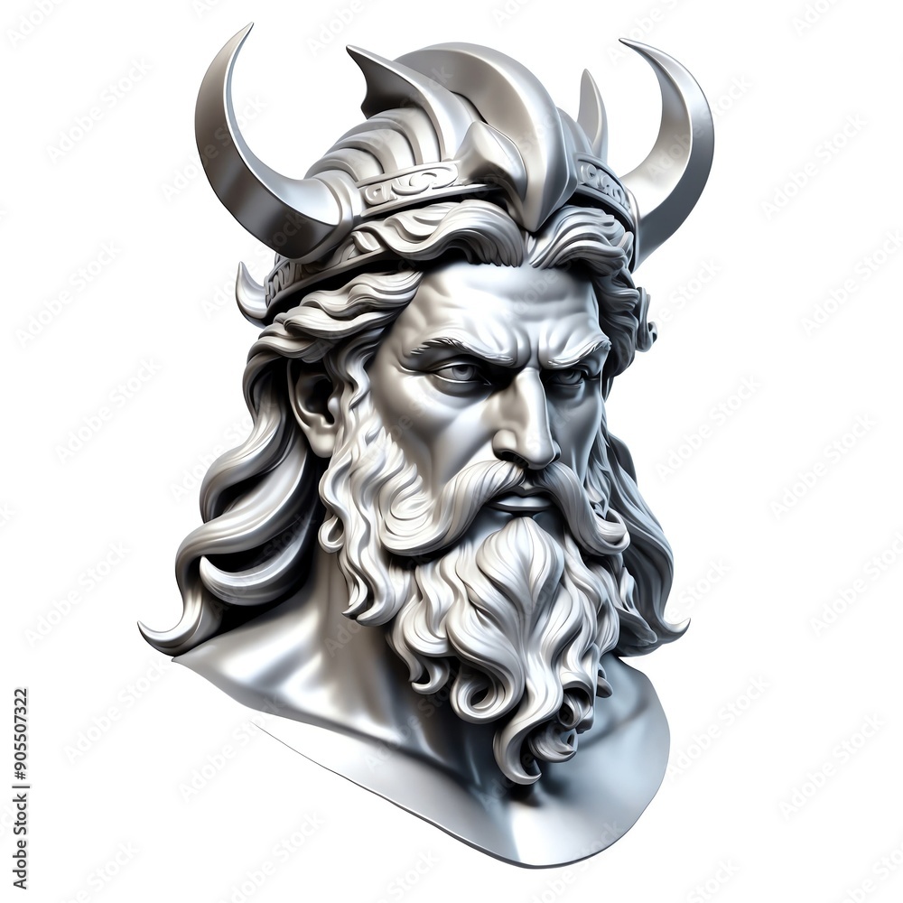 silver greek god poseidon head 3d art logo in plain white background ...