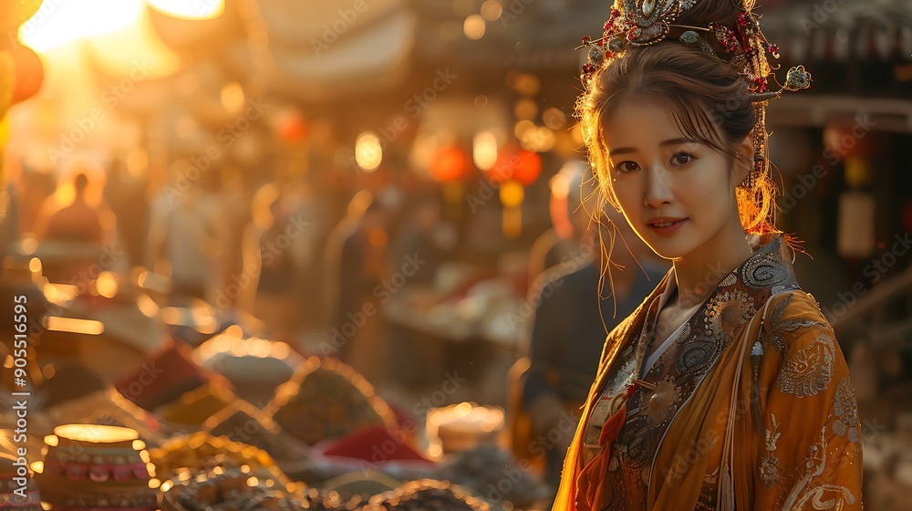 A rich image of a Chinese model in traditional merchant clothing ...