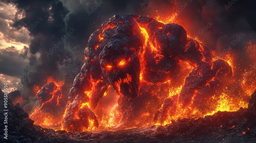 Ferocious lava golems with molten rock bodies, born from volcanic eruptions, depicted in a ...