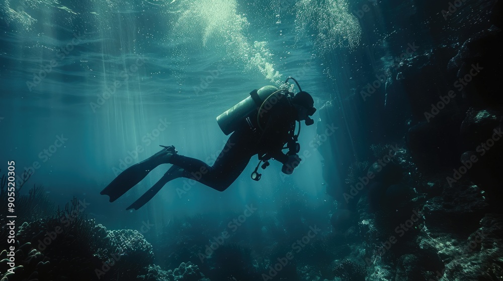 scuba diver in the sea, coral reef and diver, a marine biologist diving ...
