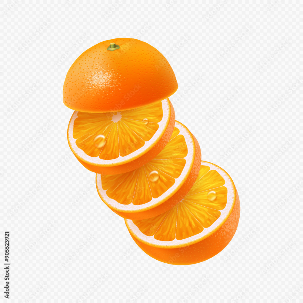 Flying realistic 3D oranges composition. Whole, half and slices orange ...