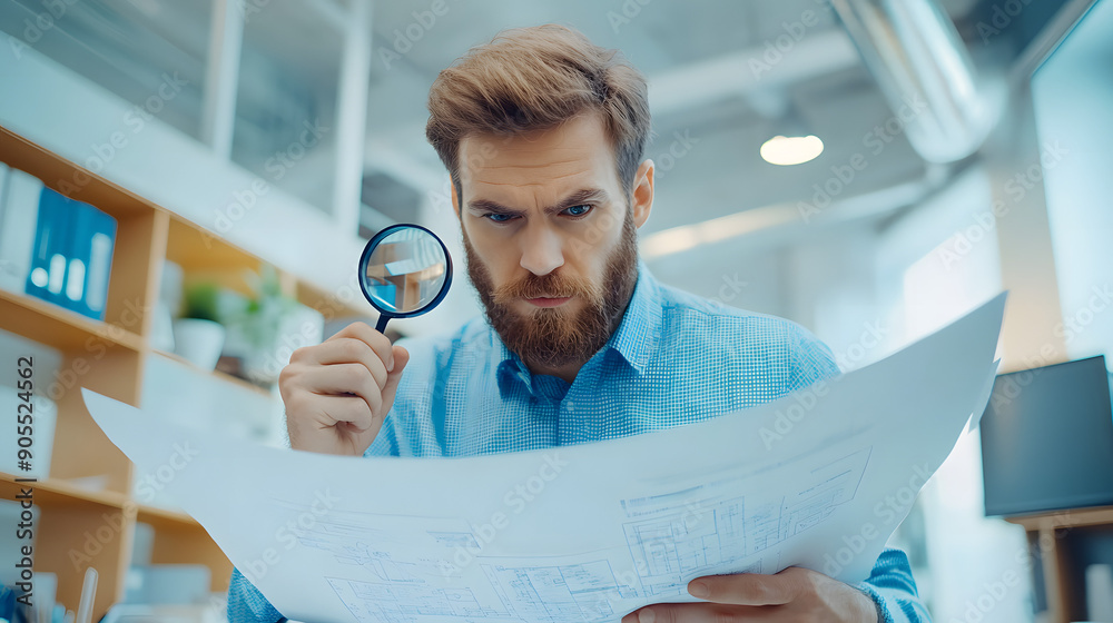 Elegant Engineer Examining Blueprints with Magnifying Glass, Amidst ...