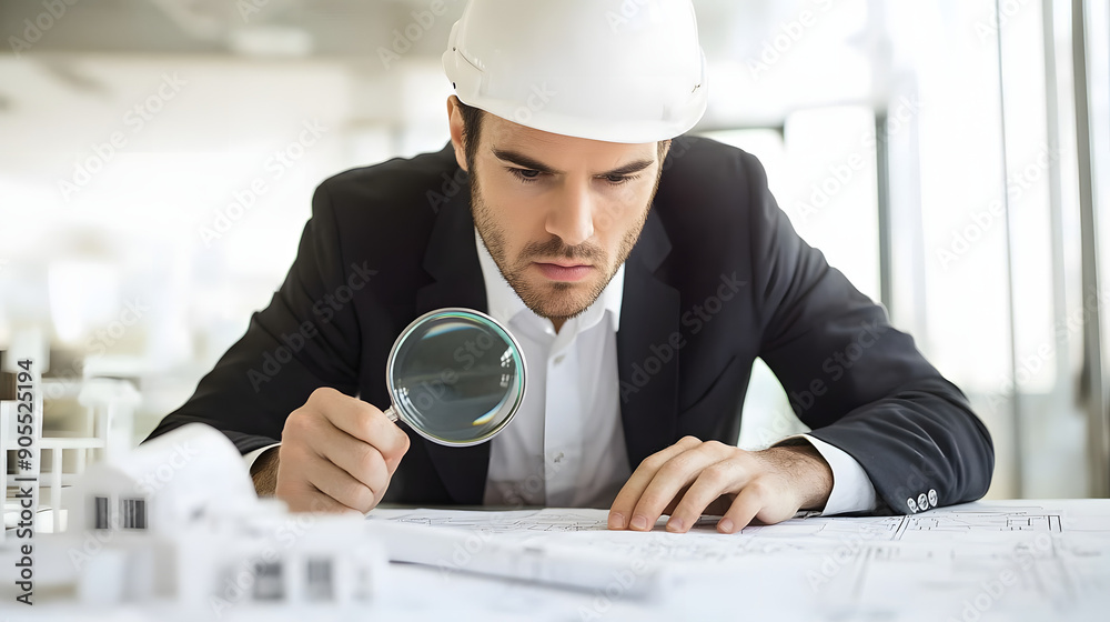 Elegant Engineer Examining Blueprints with Magnifying Glass, Amidst ...
