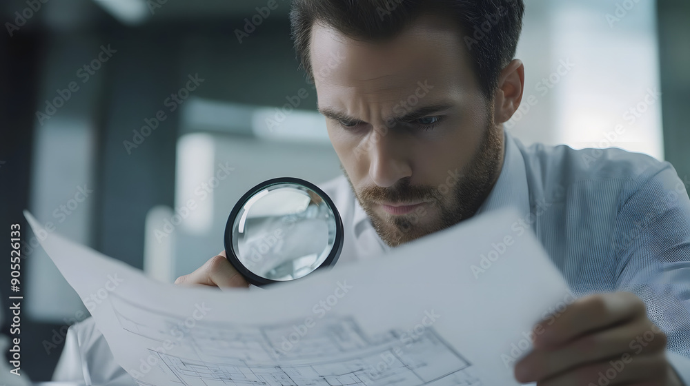 Elegant Engineer Examining Blueprints with Magnifying Glass, Amidst ...