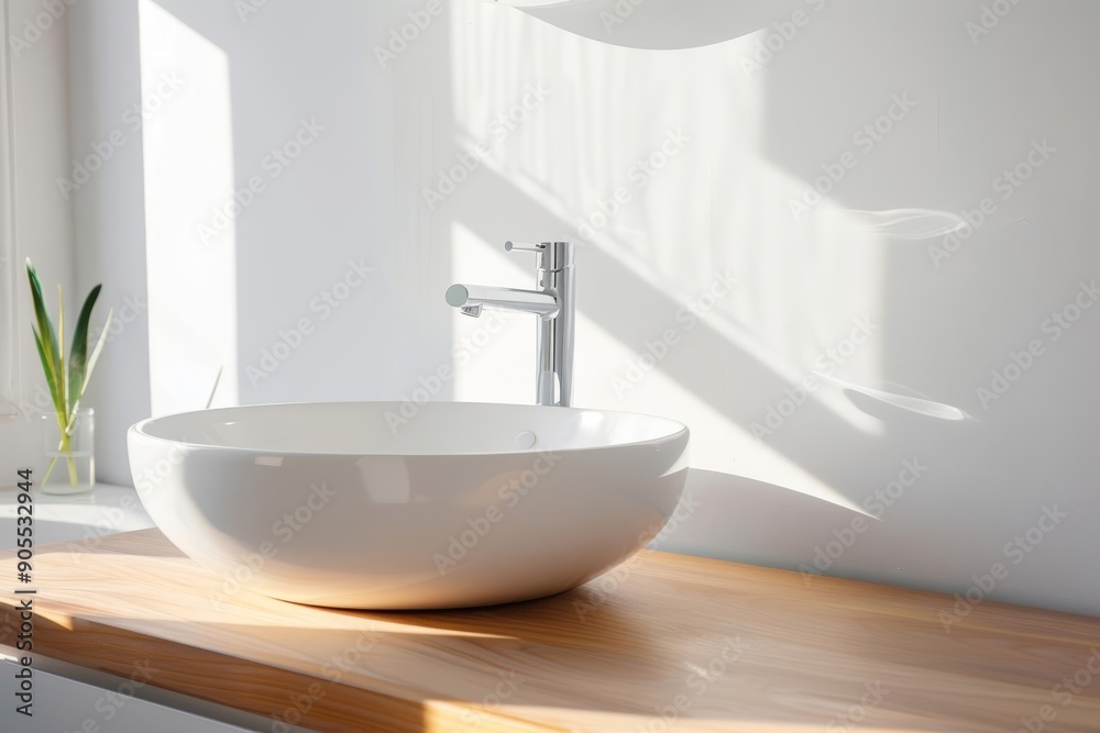 Elegant bathroom setup with a white wash basin, wooden countertop, and ...