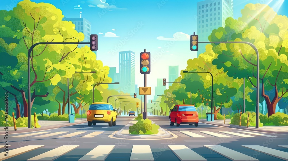 Cartoon summer landscape of city street road with cars, traffic light ...