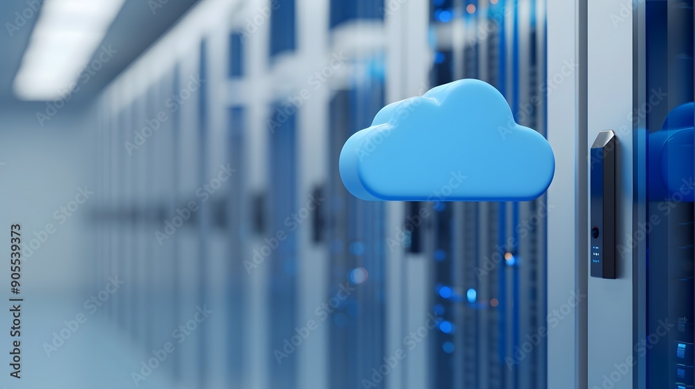 Blue cloud icon in a modern data center, representing cloud computing ...