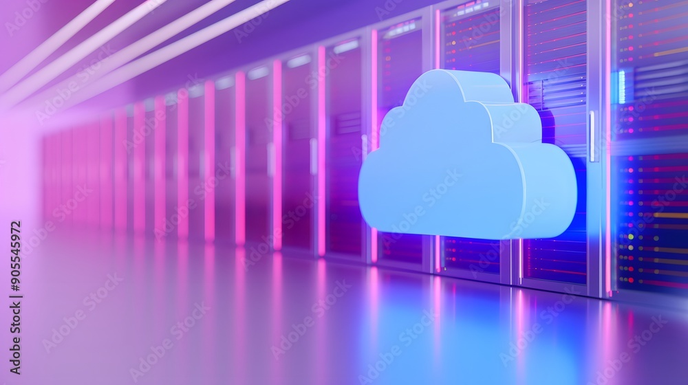 Colorful server room with blue cloud icon representing cloud computing ...