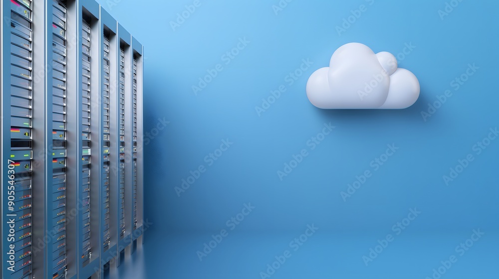 Data center servers and a cloud icon representing cloud computing and ...