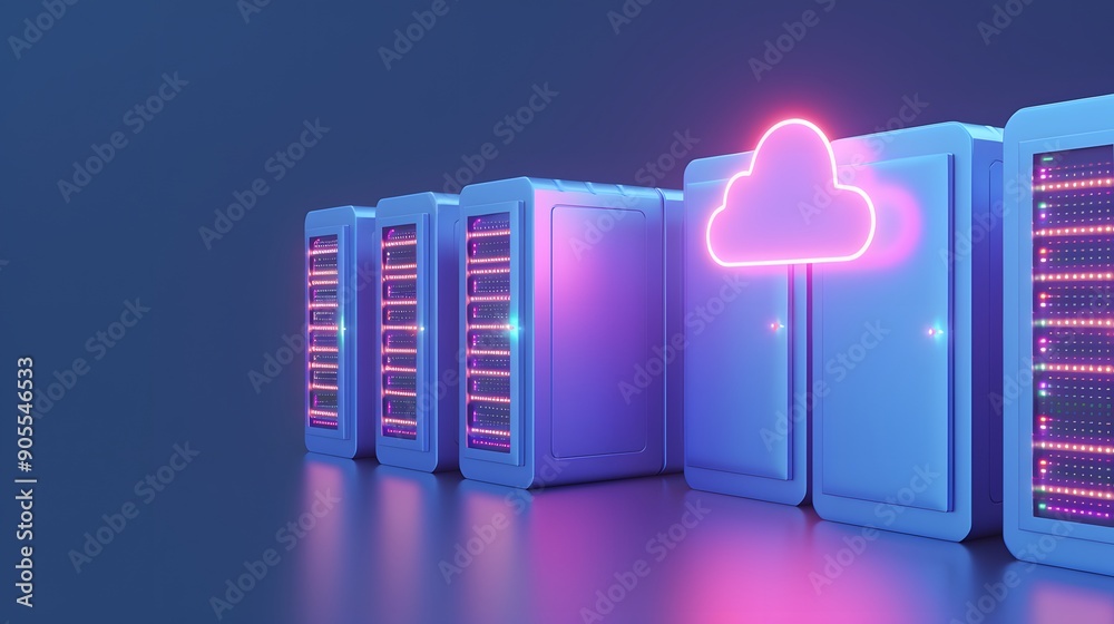 Data servers with neon cloud icon representing cloud computing technology. Futuristic data ...
