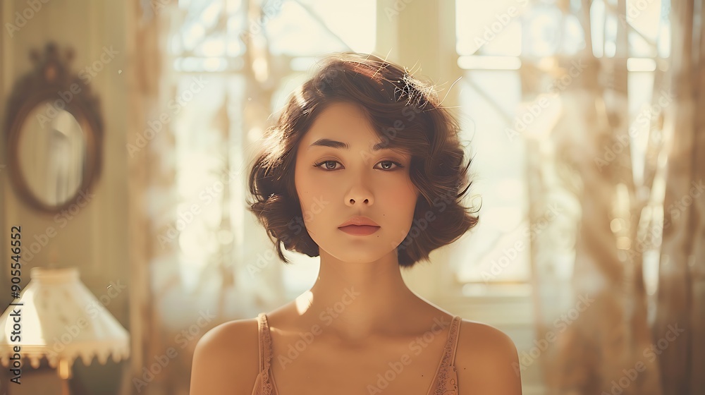 An Asian model with an innocent face, dressed in a vintage dress, her ...