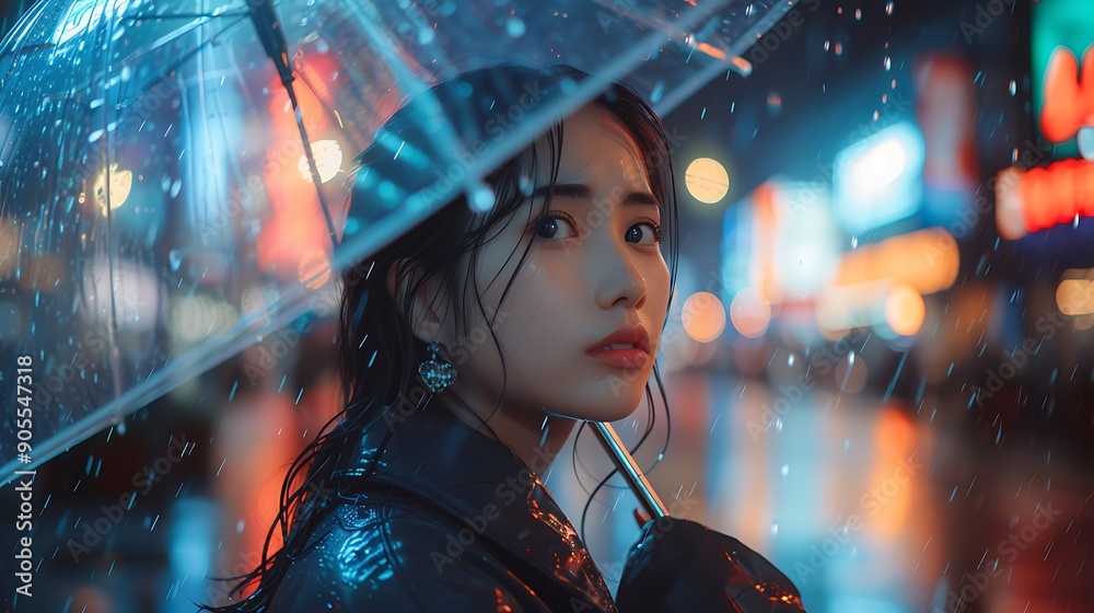 An Asian model with an innocent face, holding a clear umbrella, gazing ...
